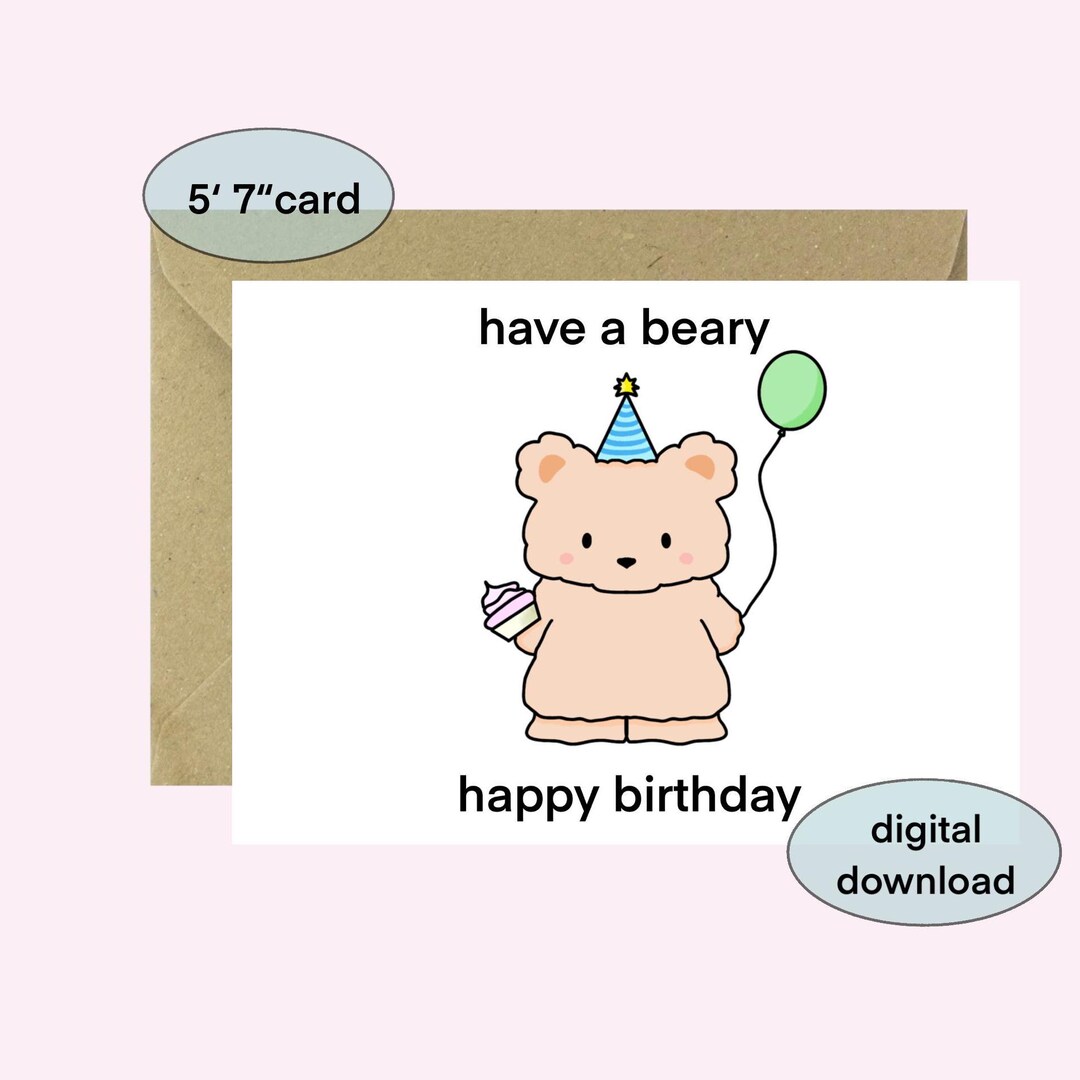 Bear Happy Birthday Card DIGITAL DOWNLOAD Printable File Bori Bear Cute ...