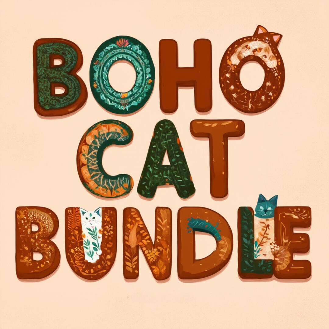 Boho Cat Bundle Digital Png,aesthetic Bohemian Cat Illustrations ...