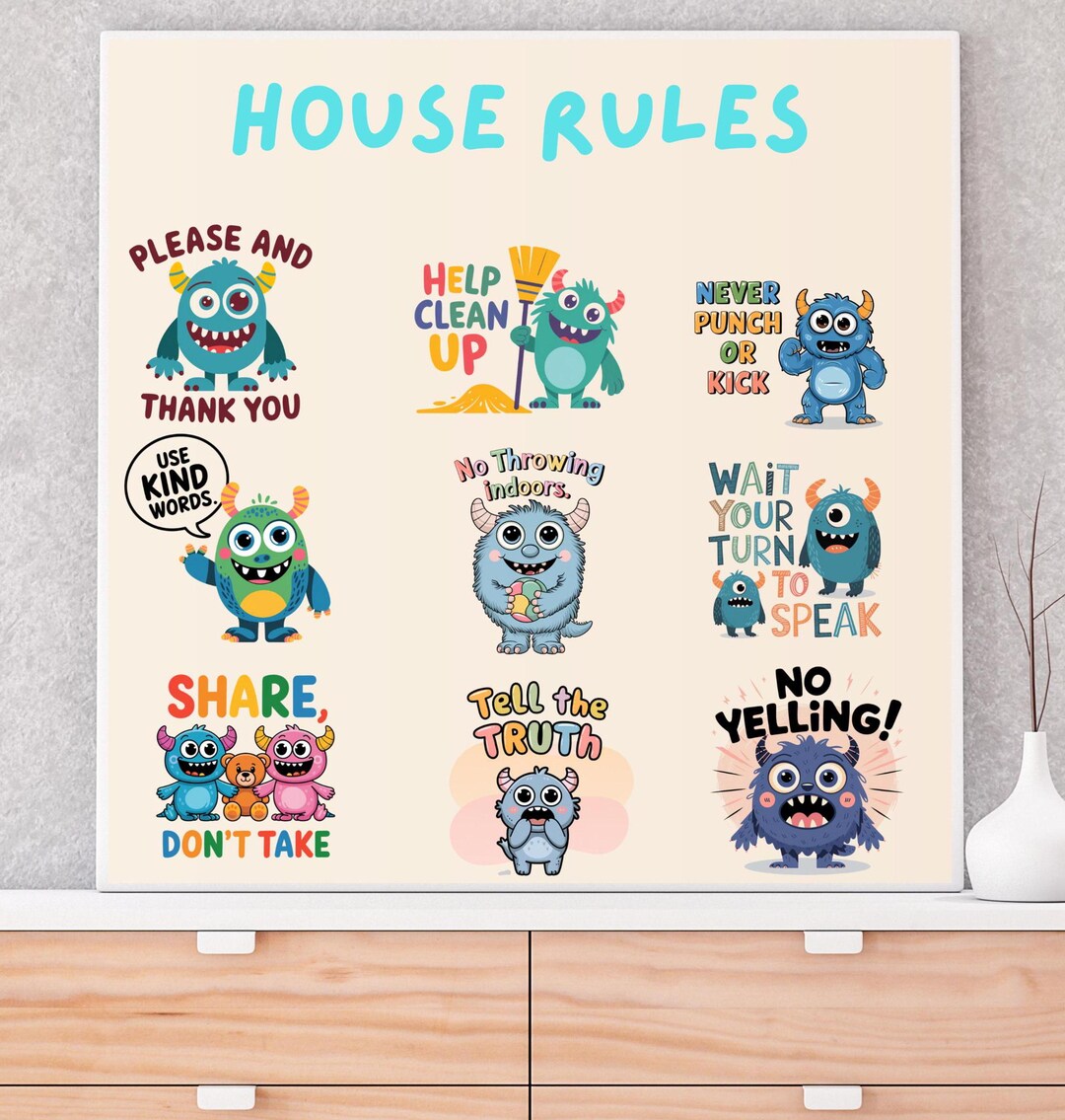 Monster Themed House Rules Poster for Kids | Colorful Wall Art for ...