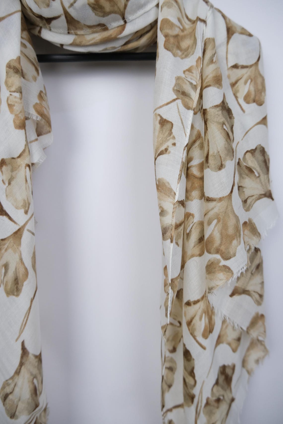 Exclusive Beige Ginkgo Leaves Print Scarf, Lightweight Soft and Warm ...