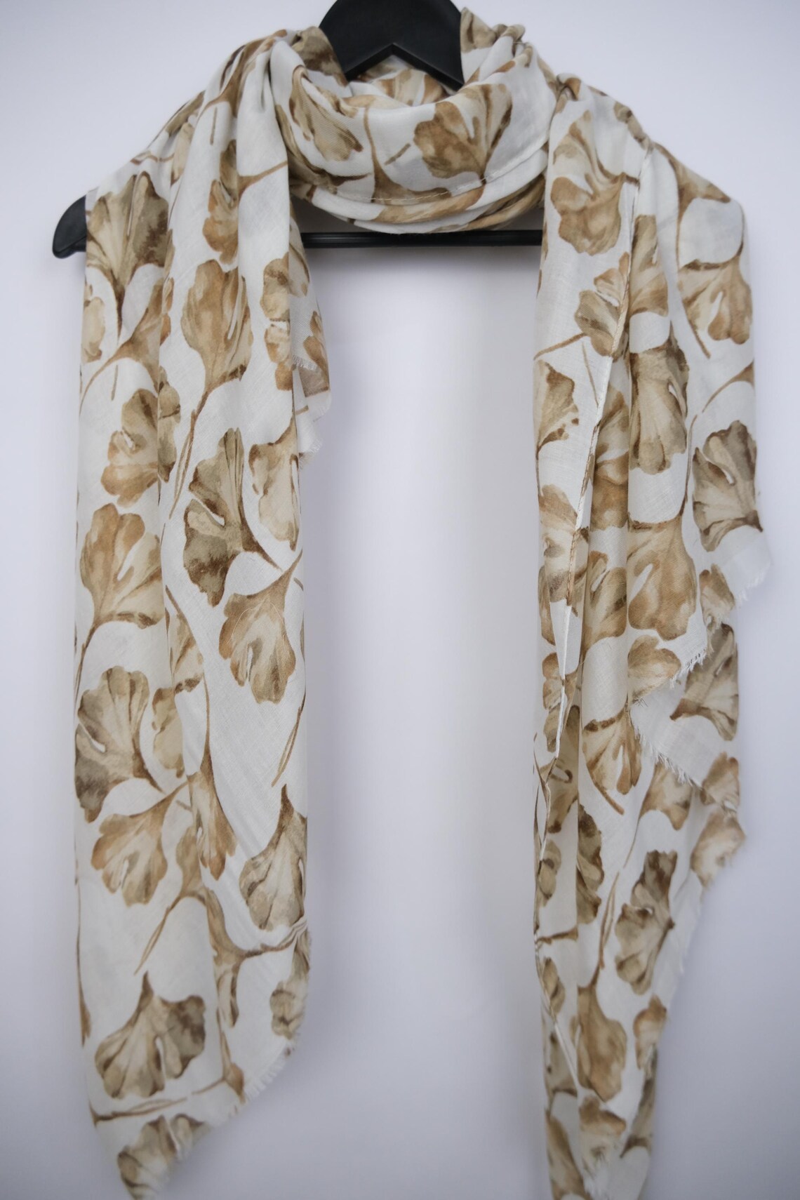 Exclusive Beige Ginkgo Leaves Print Scarf, Lightweight Soft and Warm ...