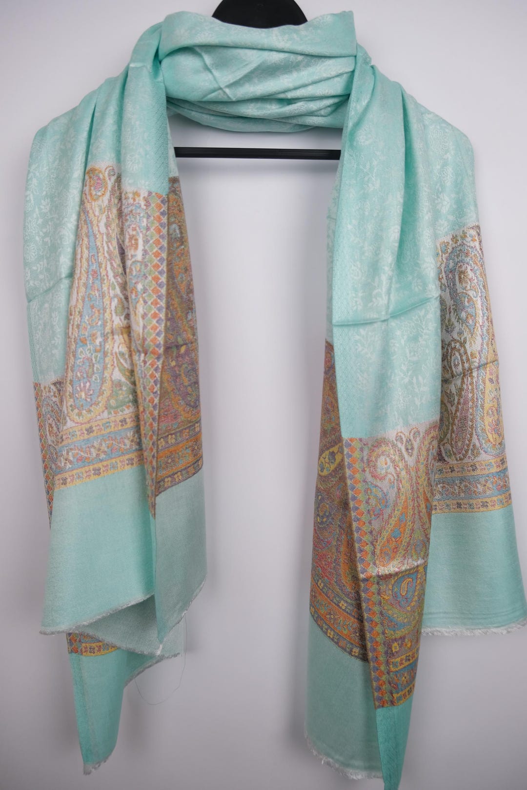 Greenish Cyan Modal Wool Indian Scarf With Paisley and Floral Mortif in ...