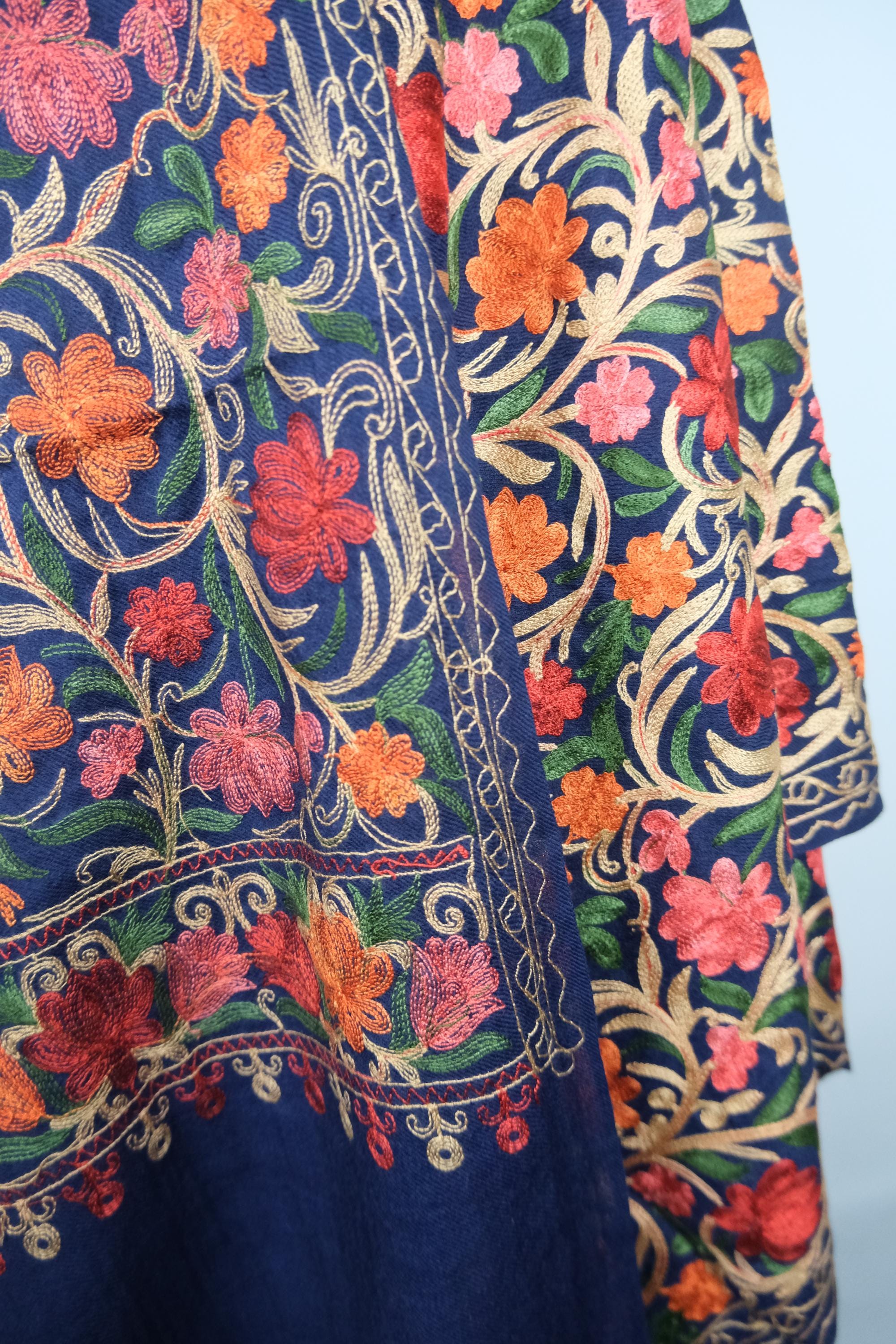 Navy Blue Kashmiri Wool Shawl, Multicolour Floral Embroidered Women's ...