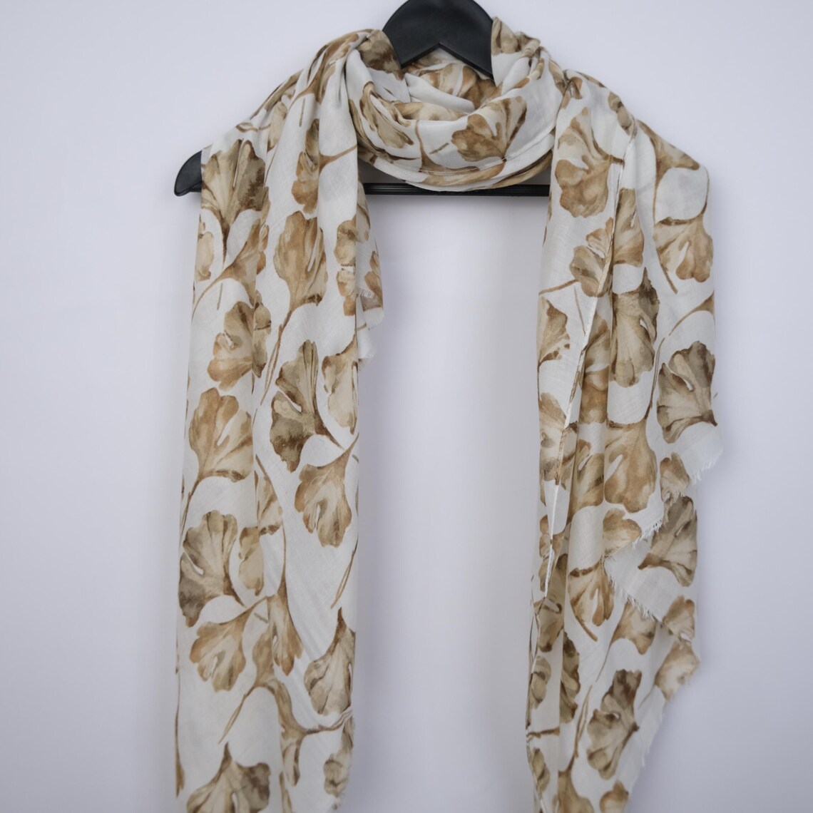 Exclusive Beige Ginkgo Leaves Print Scarf, Lightweight Soft and Warm ...