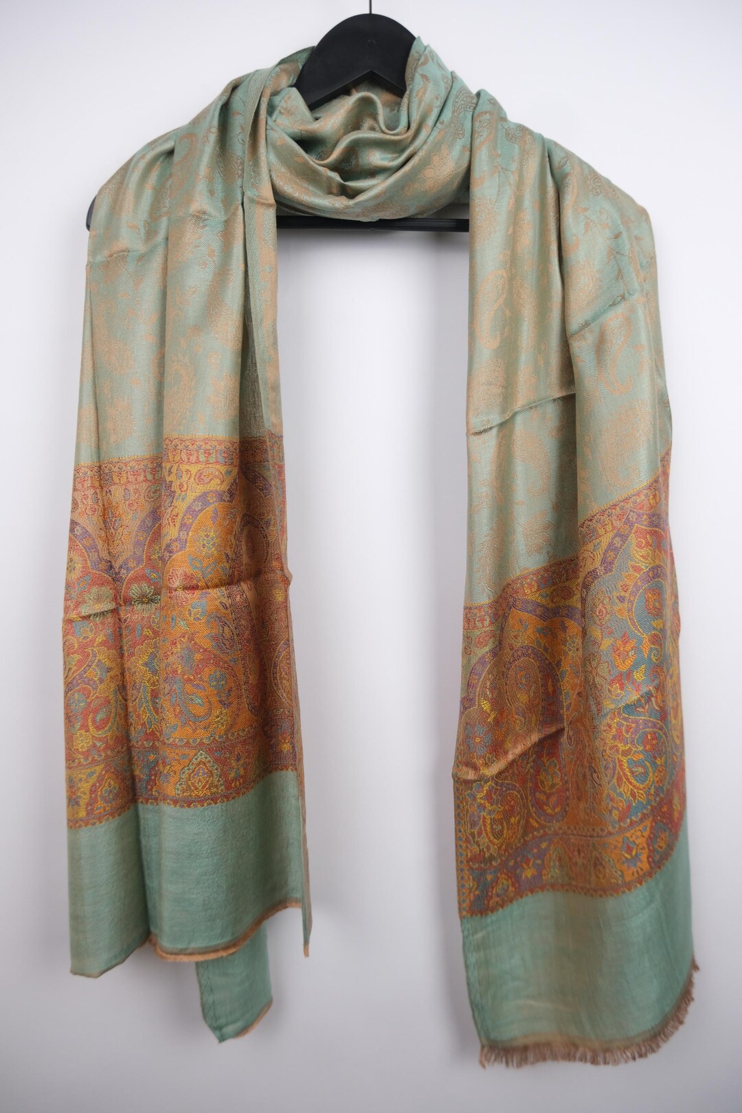 Tealish Green Paisley and Floral Motif Indian Modal Wool Scarf, Soft ...