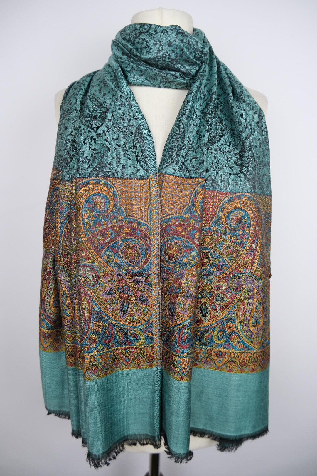 Deep Teal Green Paisley Pattern With Colourful Border Indian Scarf ...