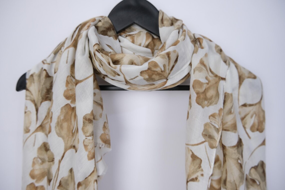 Exclusive Beige Ginkgo Leaves Print Scarf, Lightweight Soft and Warm ...