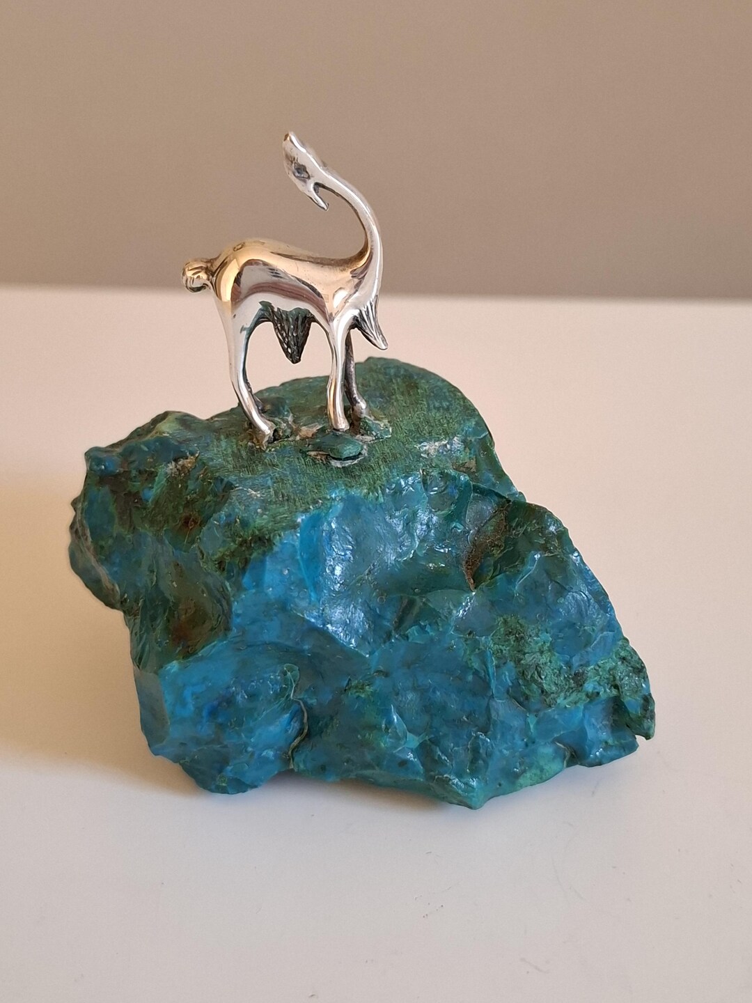 A Unique Beautiful SILVER Llama Statue on a Peruvian Blue-green SILICA ...