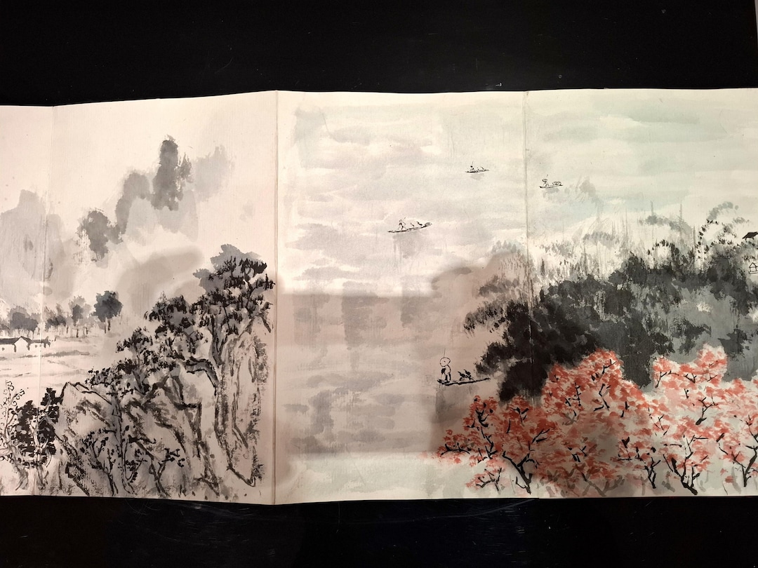 Vintage Chinese Watercolour Hand Painted River Scenic Drawings Bound as ...