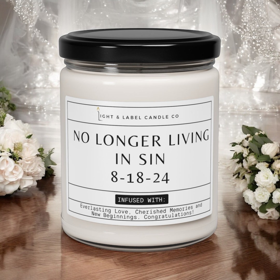 No Longer Living in Sin Candle | Wedding Gift | Personalized Wedding ...