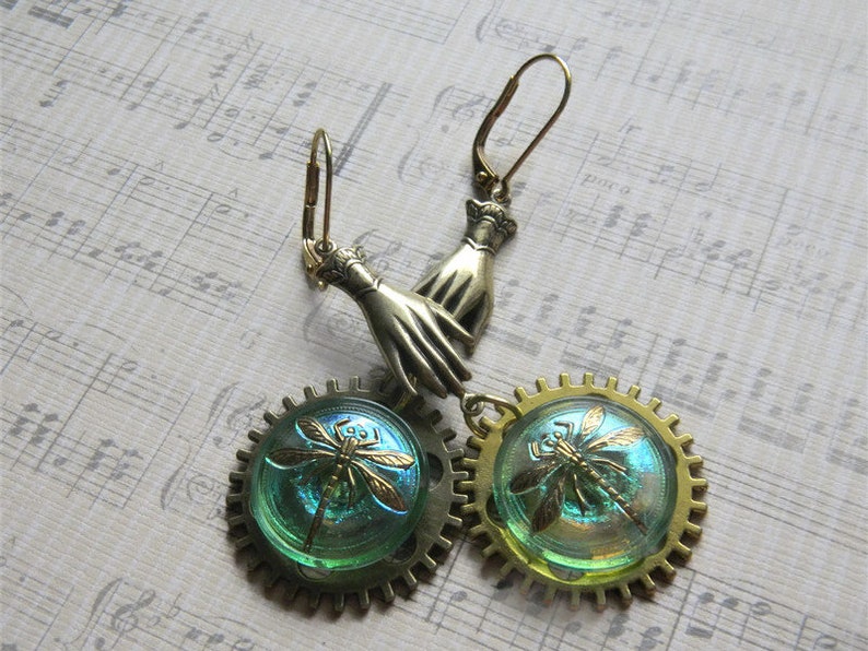 Steampunk Gear Cog Earrings With Iridescent Czech Dragonfly Buttons - Etsy