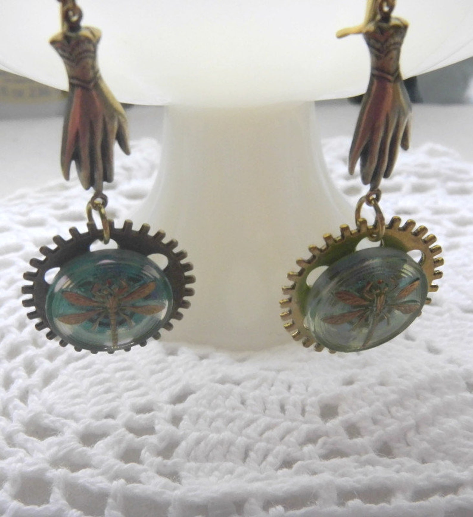 Steampunk Gear Cog Earrings With Iridescent Czech Dragonfly - Etsy