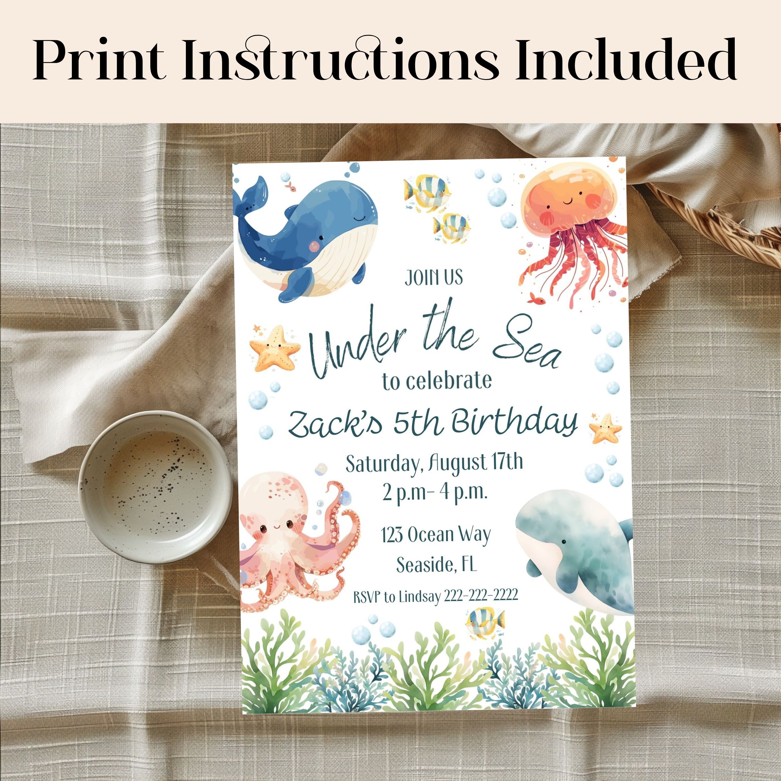 Under the Sea Birthday Invite, Ocean Invitation, Ocean Party Invite ...