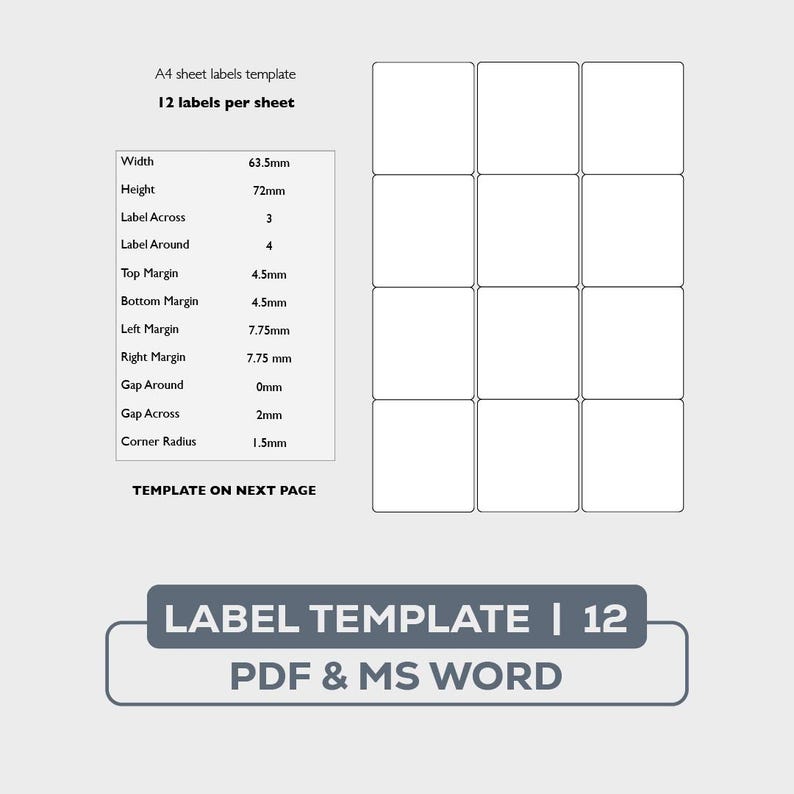 A4 Label Template, 12 Labels per Sheet (PDF & MS Word) Customizable ...