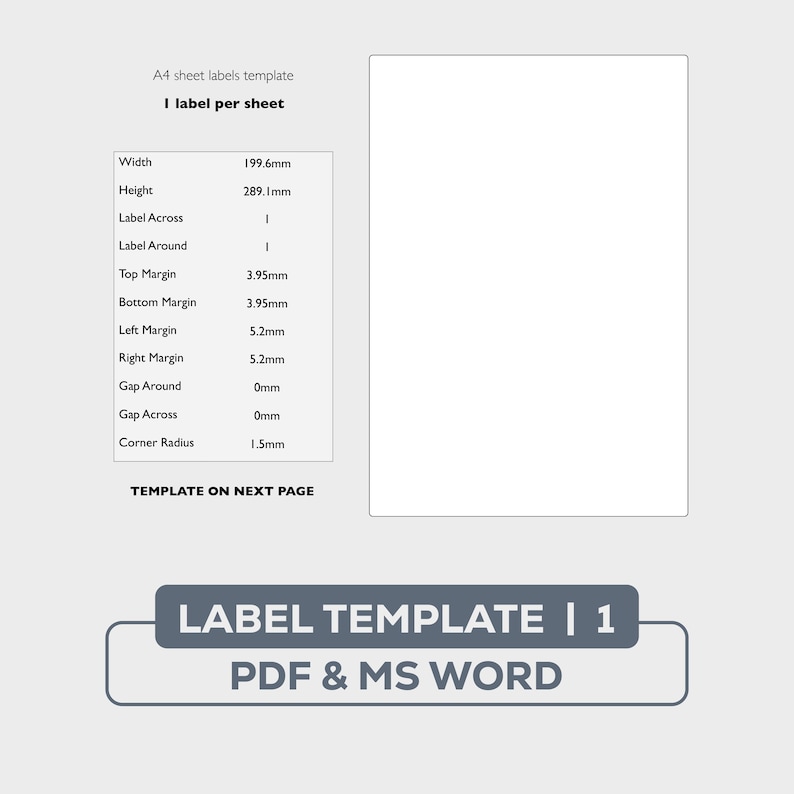 Label Template - 1 Label per Sheet A4 - Printable Sticker Template - PDF & Word - Digital ...