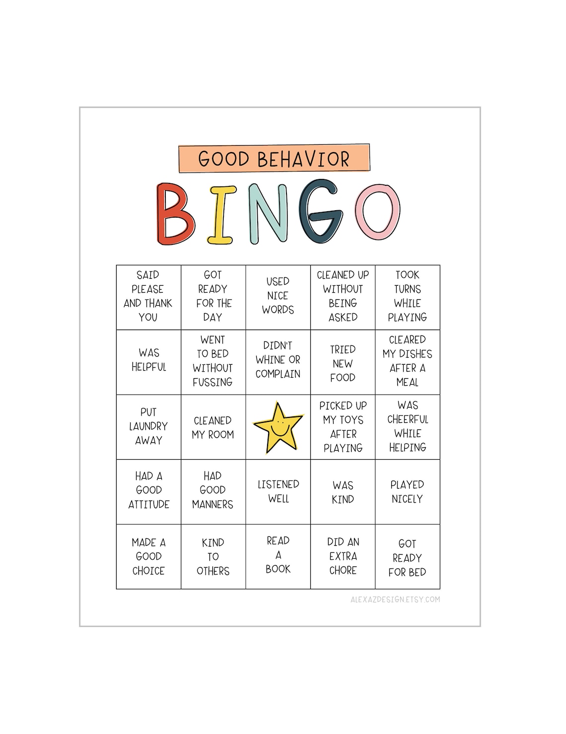 Good Behavior Bingo Printable Chart - Behavior Reward - Chore Chart ...