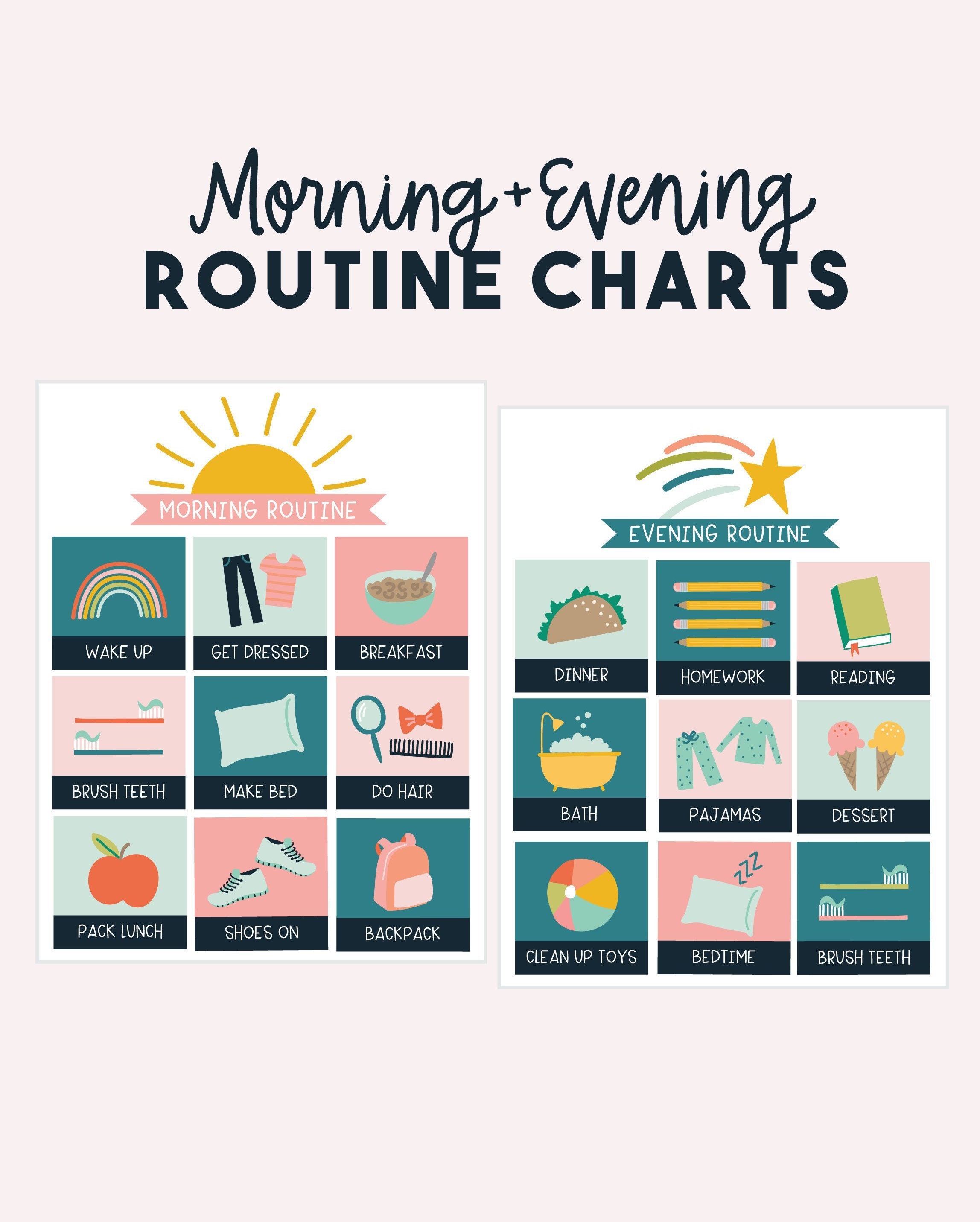 Kids Chore Chart Morning Evening Routine Chart in Pink - Etsy Denmark