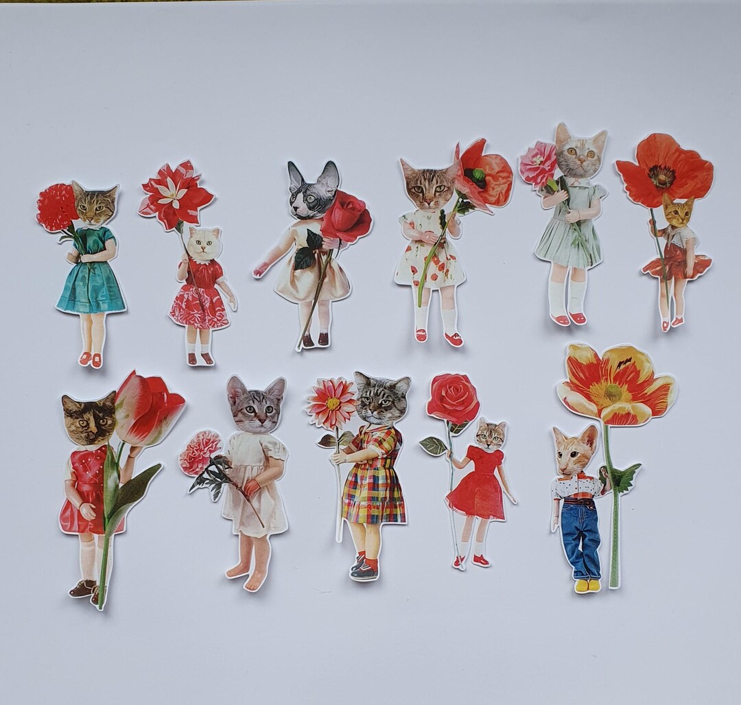 Cat Doll Stickers: Whimsical Flower Cats - Handmade Sticker Pack - Etsy