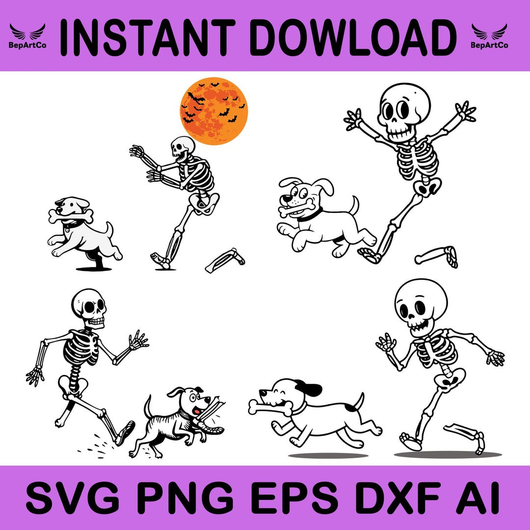 Skeleton Chasing Dog SVG, Bundle Skeleton Dog SVG, Funny Dog Halloween ...