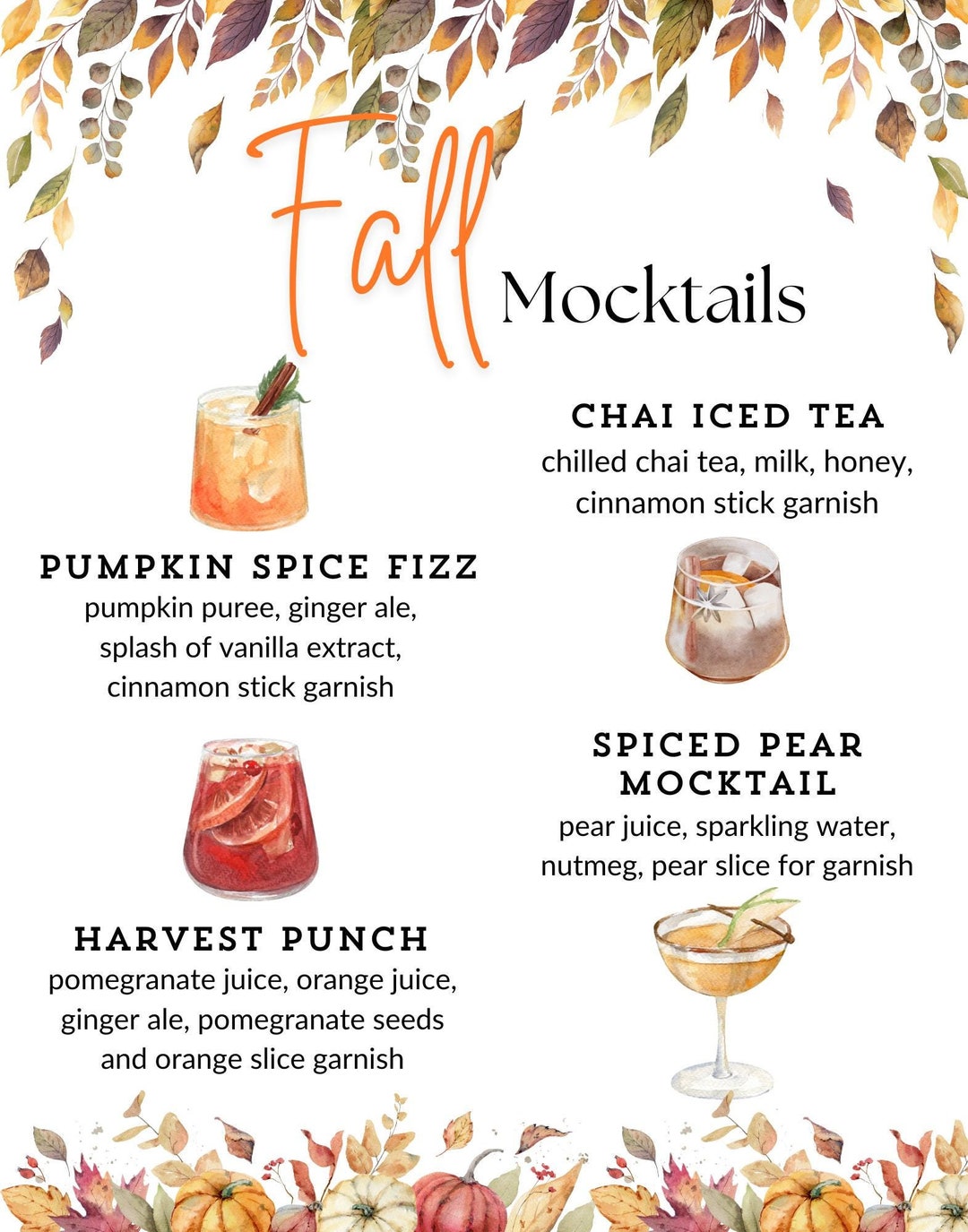 Fall Mocktails Menu, Customizable Template - Etsy
