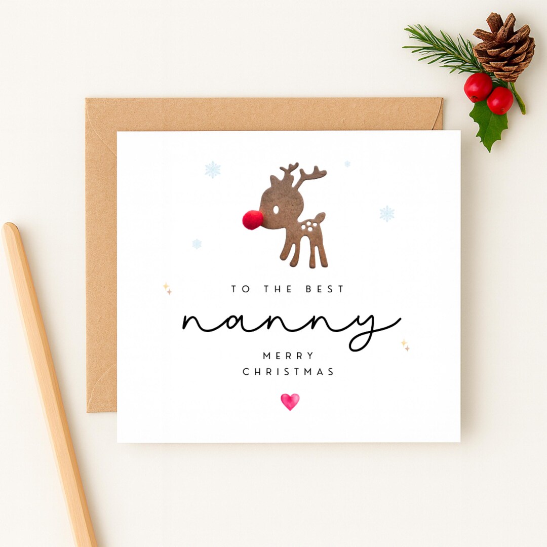 Nanny Christmas Card – Cute Reindeer With Pom-pom Nose – Personalised ...
