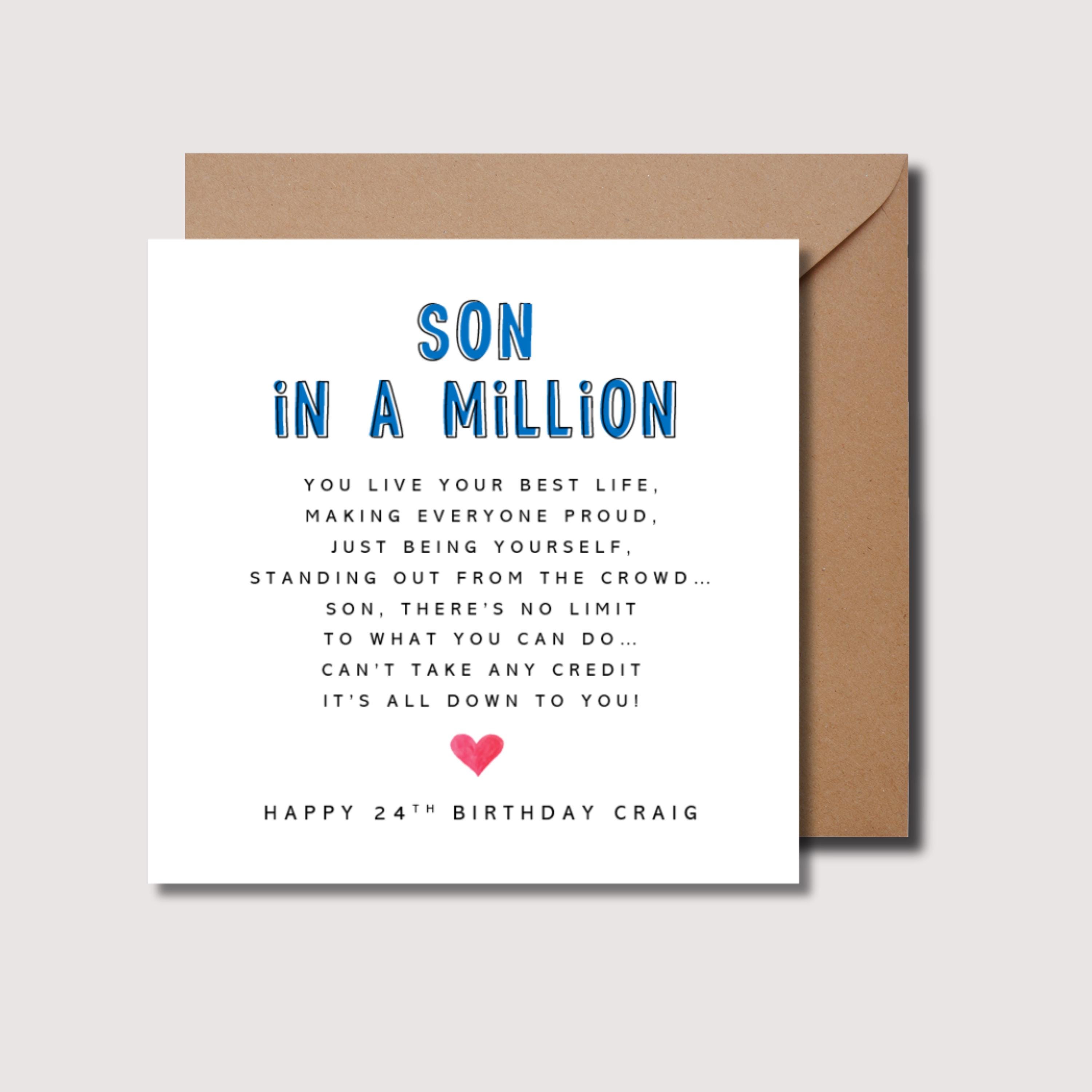 Son Birthday Card, Son in a Million, Son Poem, Adult Son Birthday Card ...