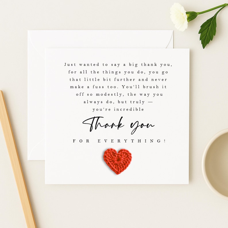 Thank You Card – Handmade Crochet Heart Card – Pink Heart Thank You ...