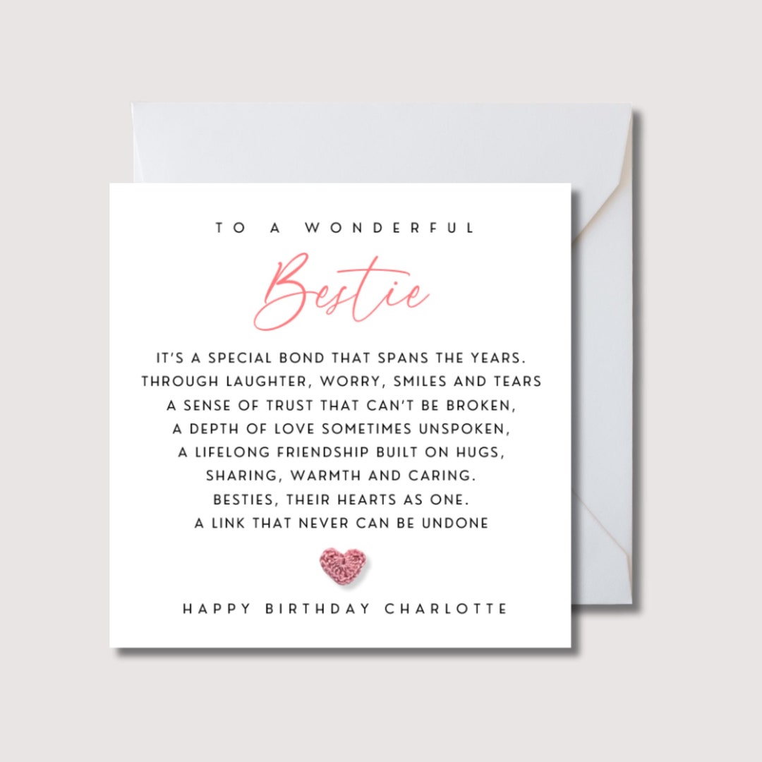 Sentimental Bestie Birthday Card, Pale Pink Crocheted Heart Card, Best ...
