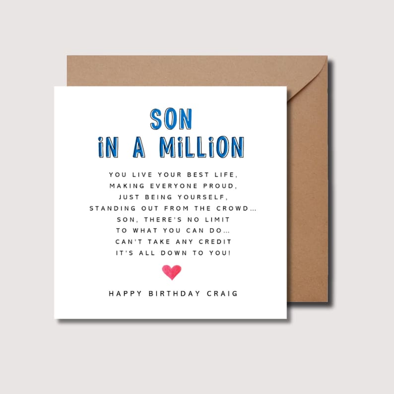 Son Birthday Card, Son in a Million, Son Poem, Adult Son Birthday Card ...