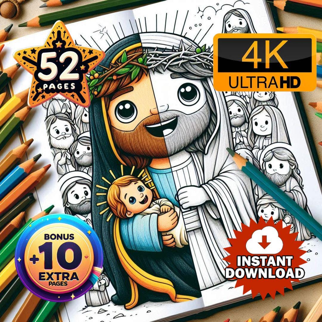 52 Coloring Pages 4k HD of Jesus in 3 Downloadable Pdfs. Extra GIFT ...
