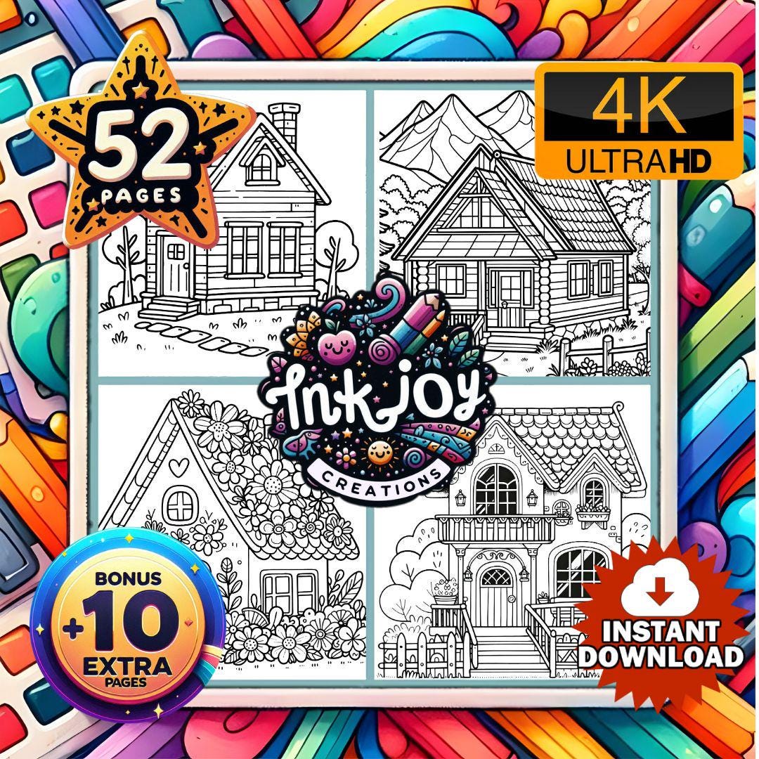 52 Coloring Pages 4k HD of Houses in 3 Downloadable Pdfs. Extra GIFT ...