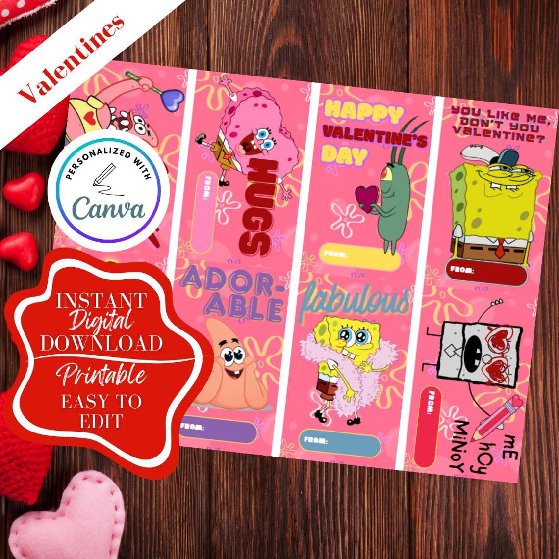 Kid’s Sponge Bob Valentines Exchange Cards for School, Instant Download ...