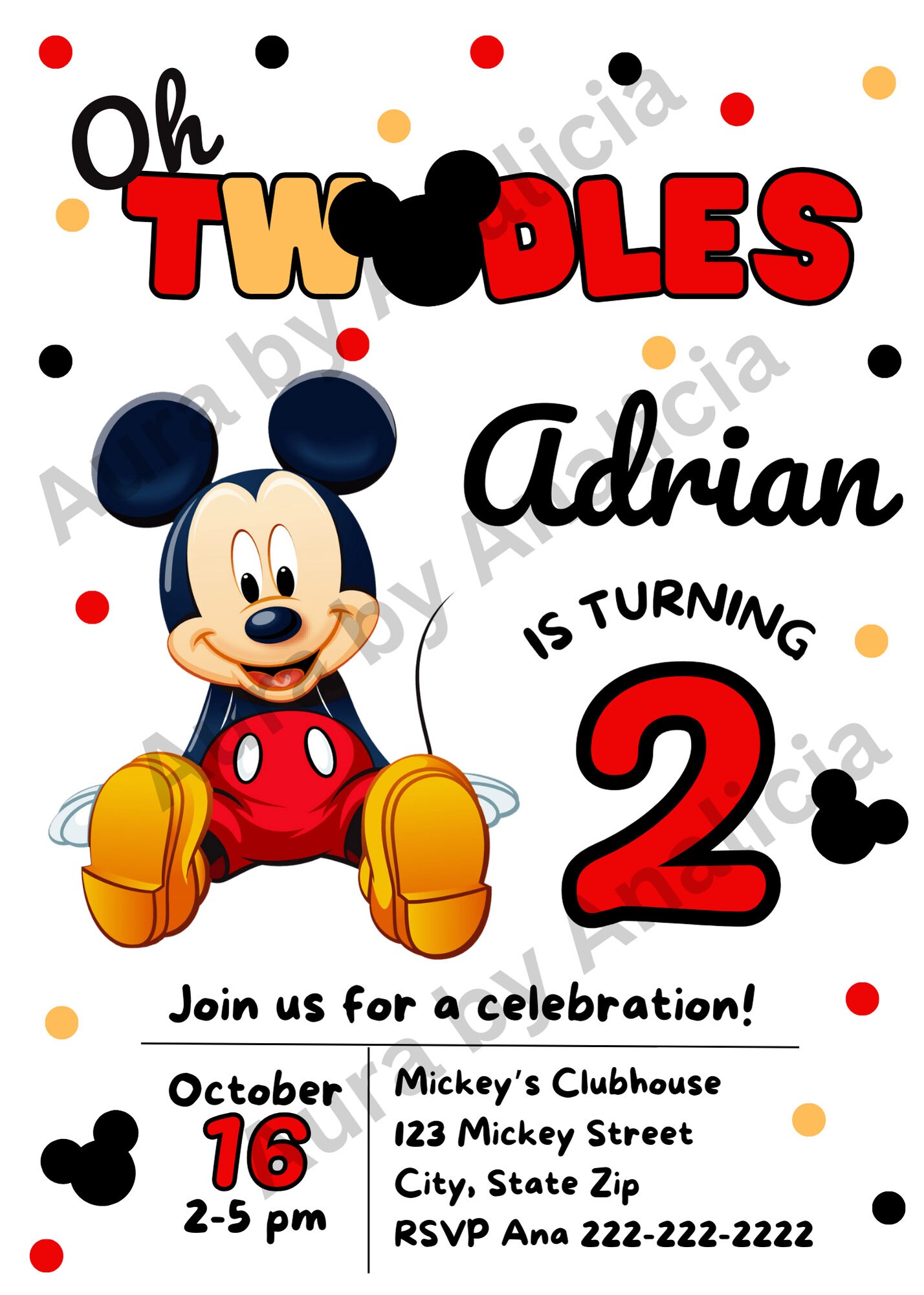 Editable Oh Twodles Mickey Mouse Birthday Invitation, 2nd Birthday, Red ...