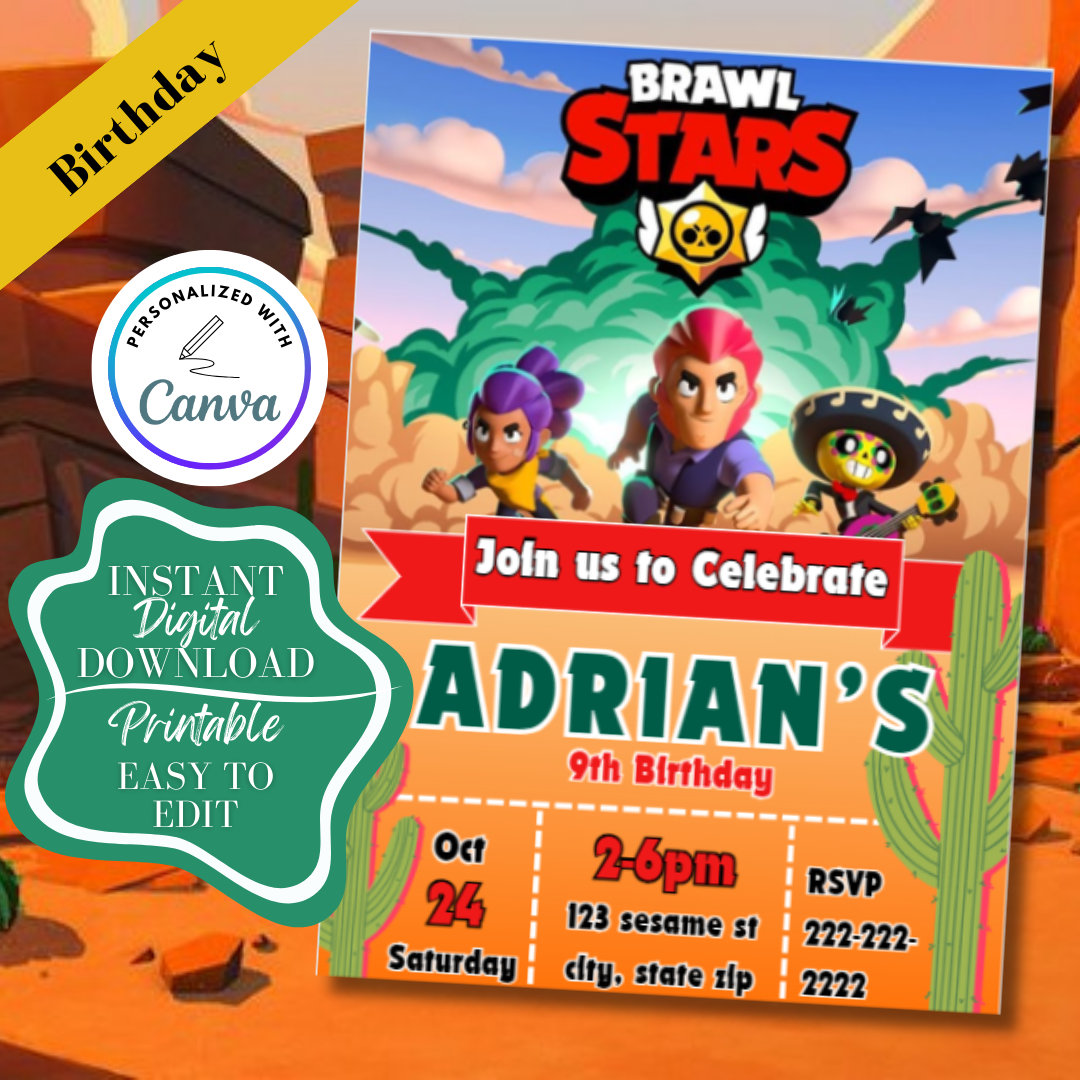 Editable Brawl Stars Birthday Invitation, Kids Bday Invite ...