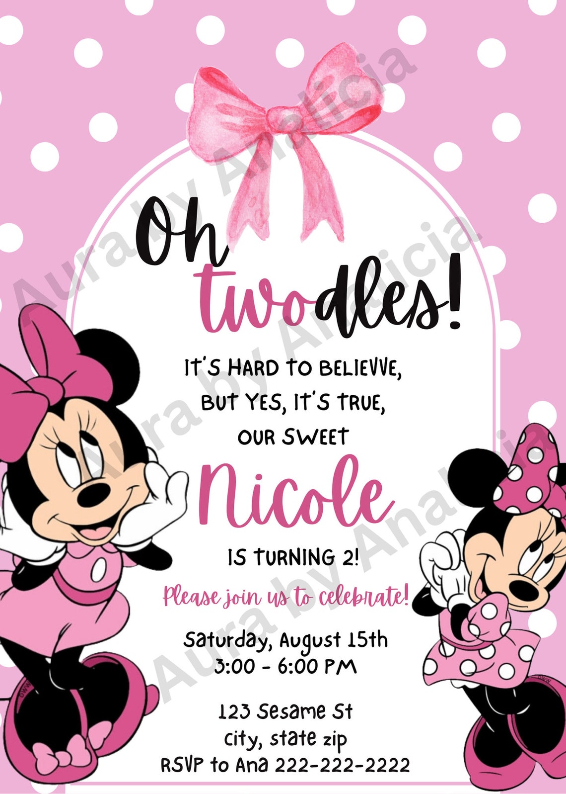 Editable Oh Twodles Minnie Mouse Birthday Invitation, 2nd Birthday ...