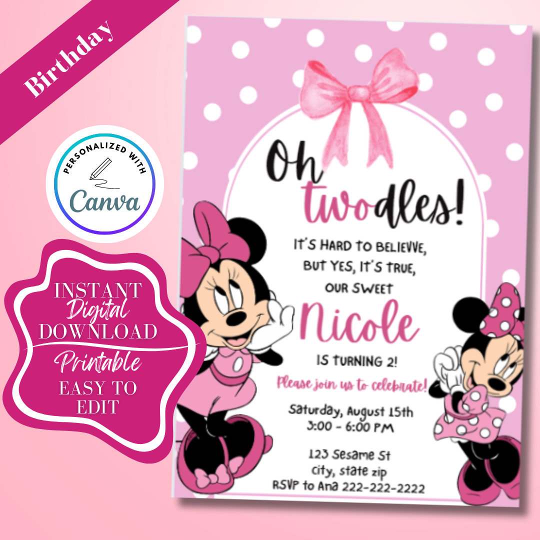 Editable Oh Twodles Minnie Mouse Birthday Invitation, 2nd Birthday ...