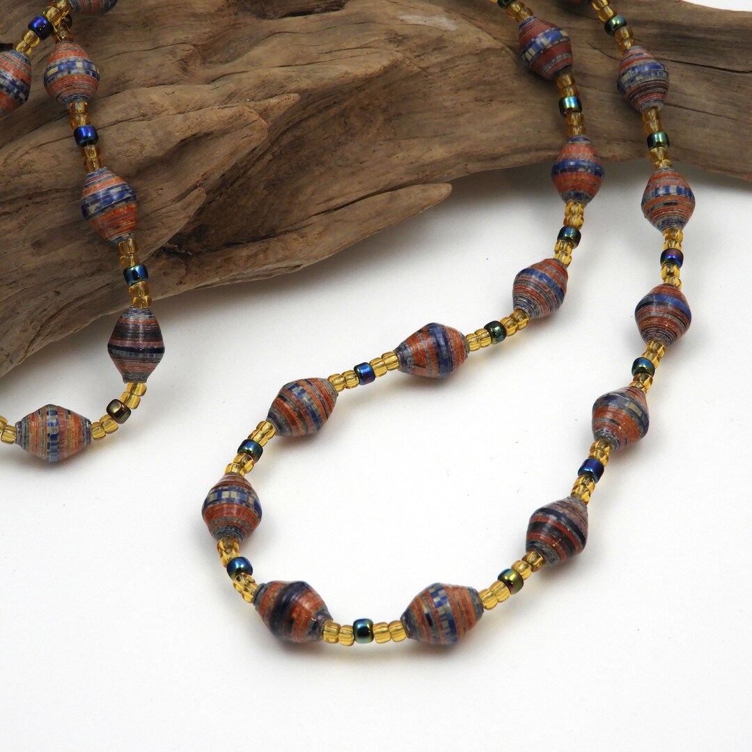 Orange and Blue Paper Bead Necklace Fair Trade Jewelry - Etsy
