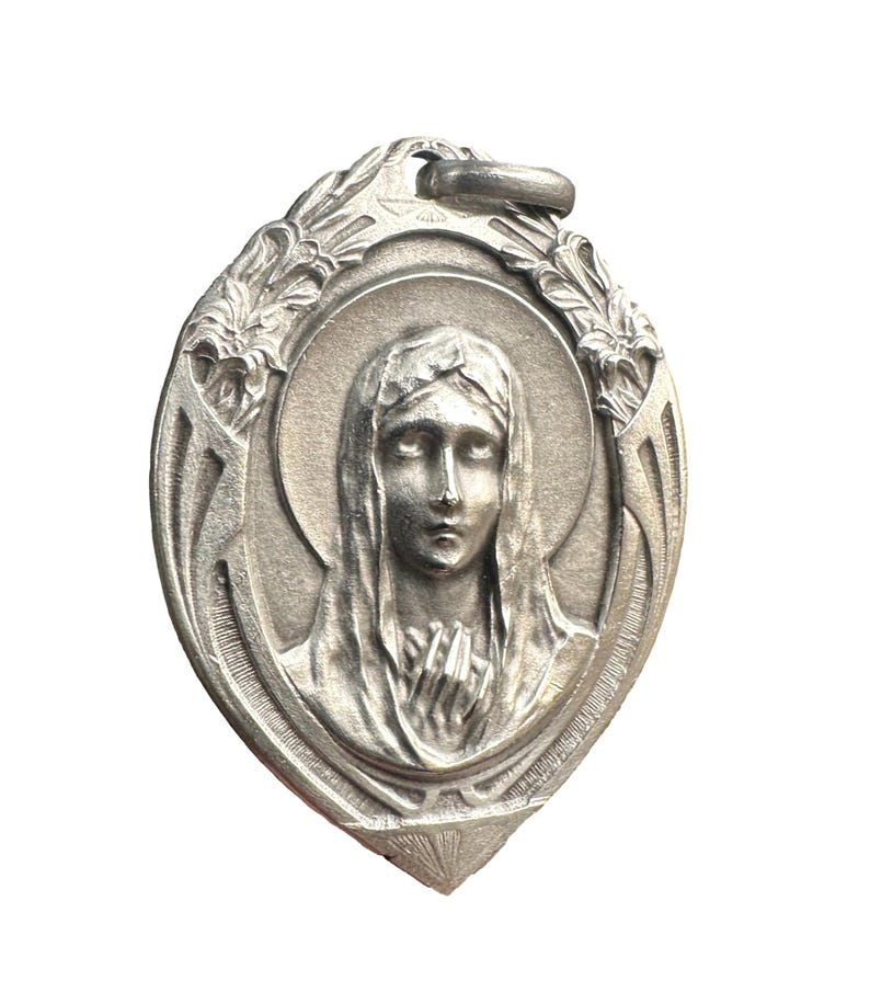 Large Art Nouveau Processional Medal Virgin Mary Silver Plated ...