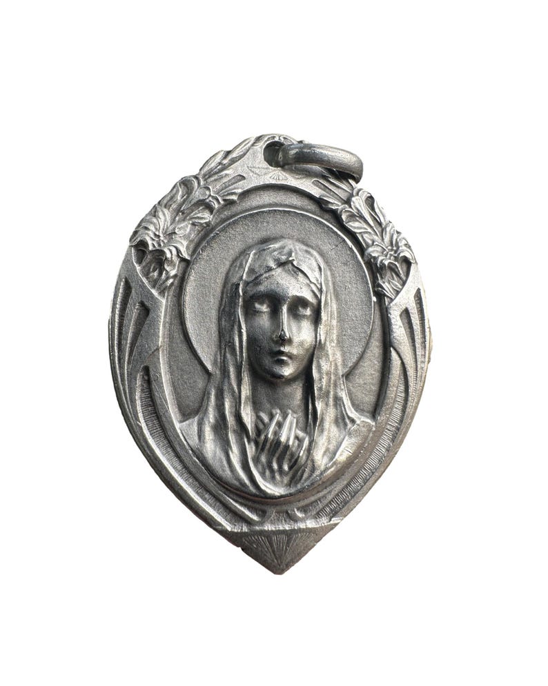 Large Art Nouveau Processional Medal Virgin Mary Silver Plated ...