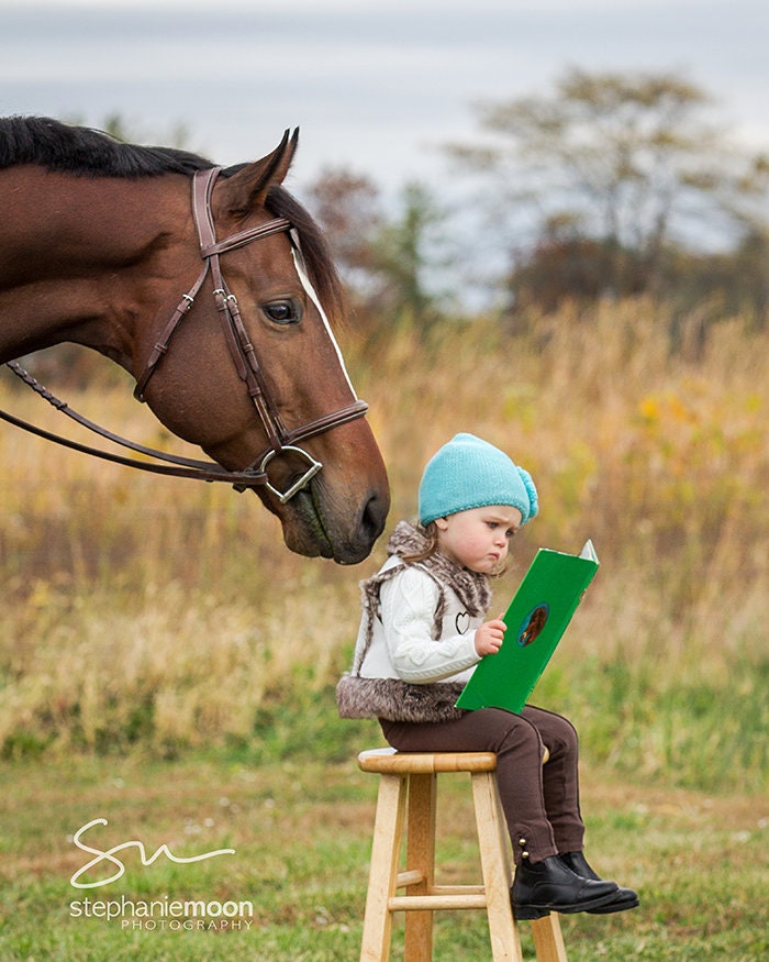 Horse Photography, Big Horse and Little Girl Reading a Book, Girl's ...