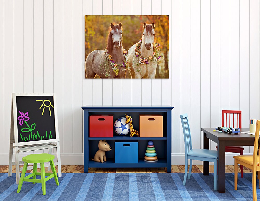 Horse Photography, Two Ponies With Flowers, Flower Pony Picture, Girl's ...