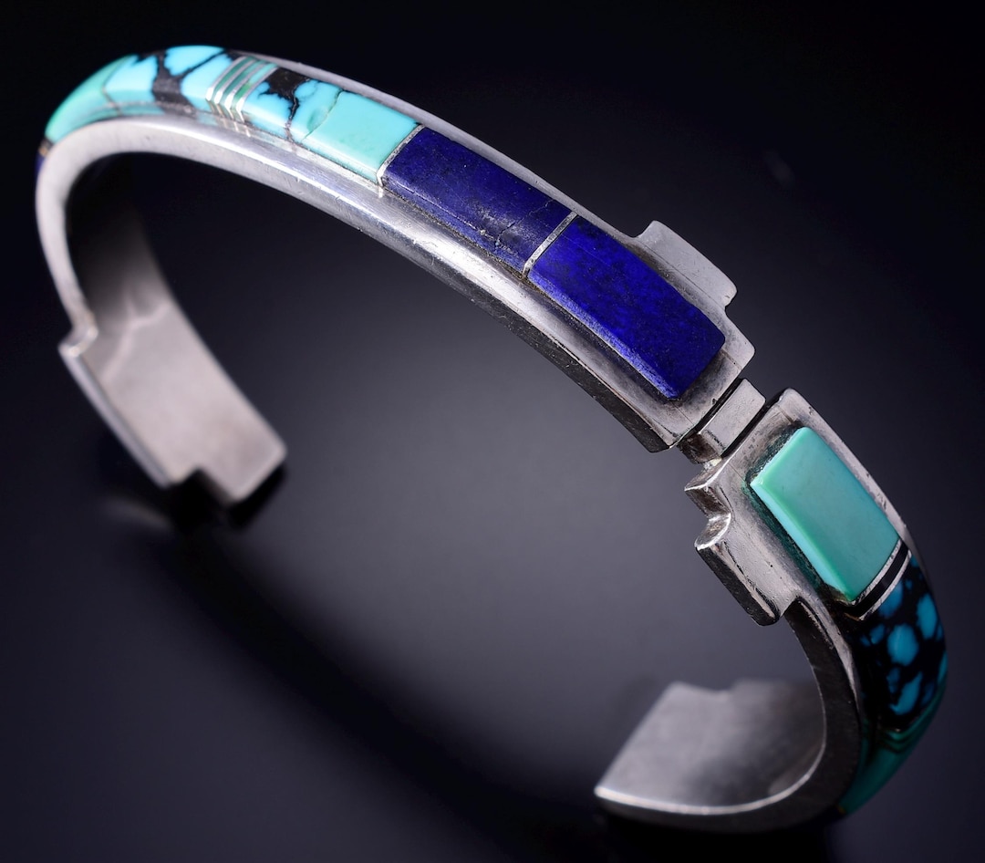 Vintage Silver & Turquoise Multistone Zuni Inlay Bracelet by Duran ...
