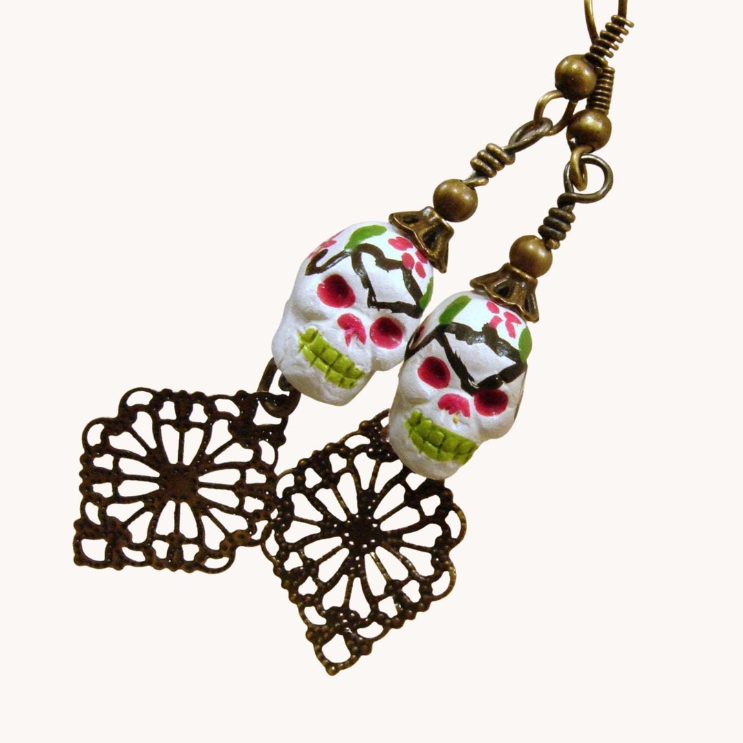 Hand Painted Sugar Skull and Antique Brass Earrings Día De - Etsy