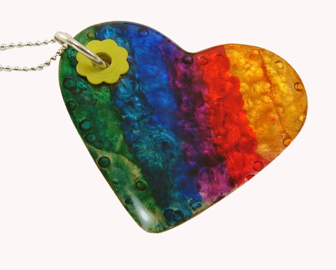 Rainbow Heart Pendant Necklace Red Brass or Copper - Etsy
