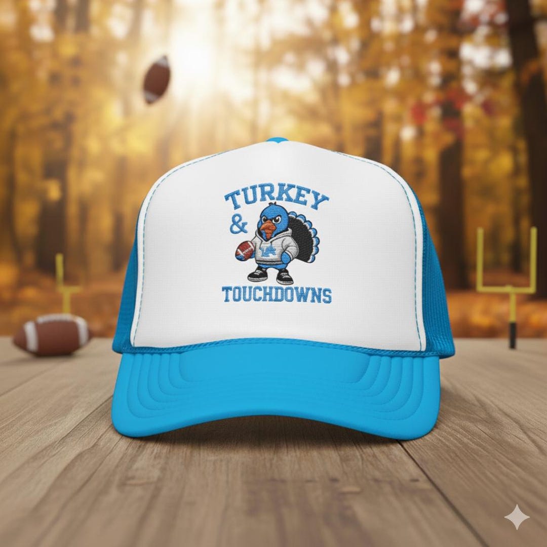 Turkey and Touchdowns Trucker Hat, Funny Thanksgiving Football Cap ...