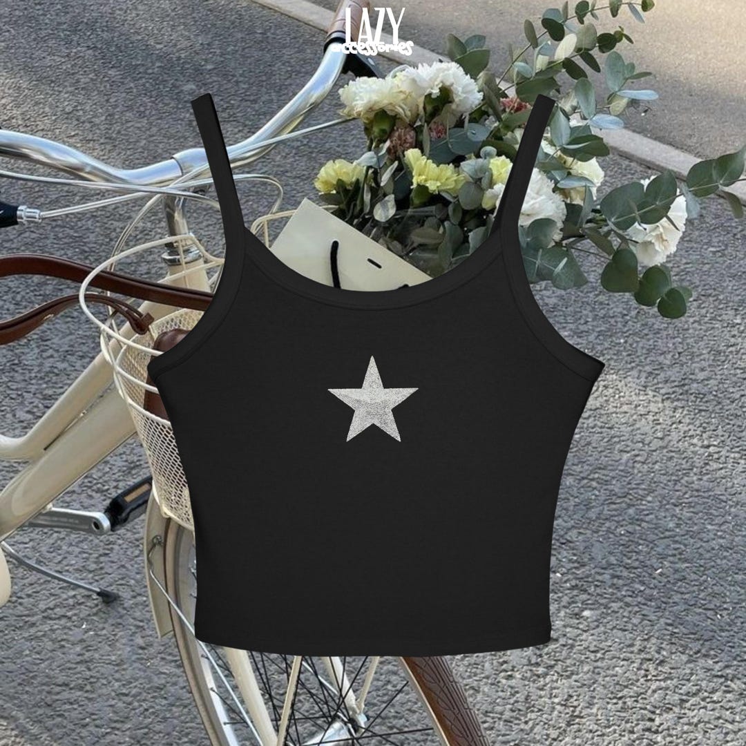 Rhinestone Effected Star Strap Tank Top, Micro Rib Scoop Neck Tank Top ...