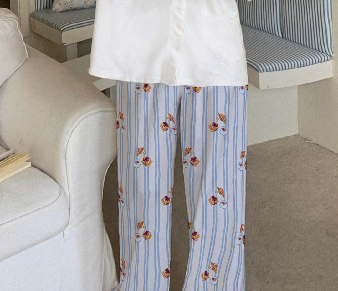 Croissant Coffee Waffle Breakfast Pattern Pajama Pants, Striped Pajama ...