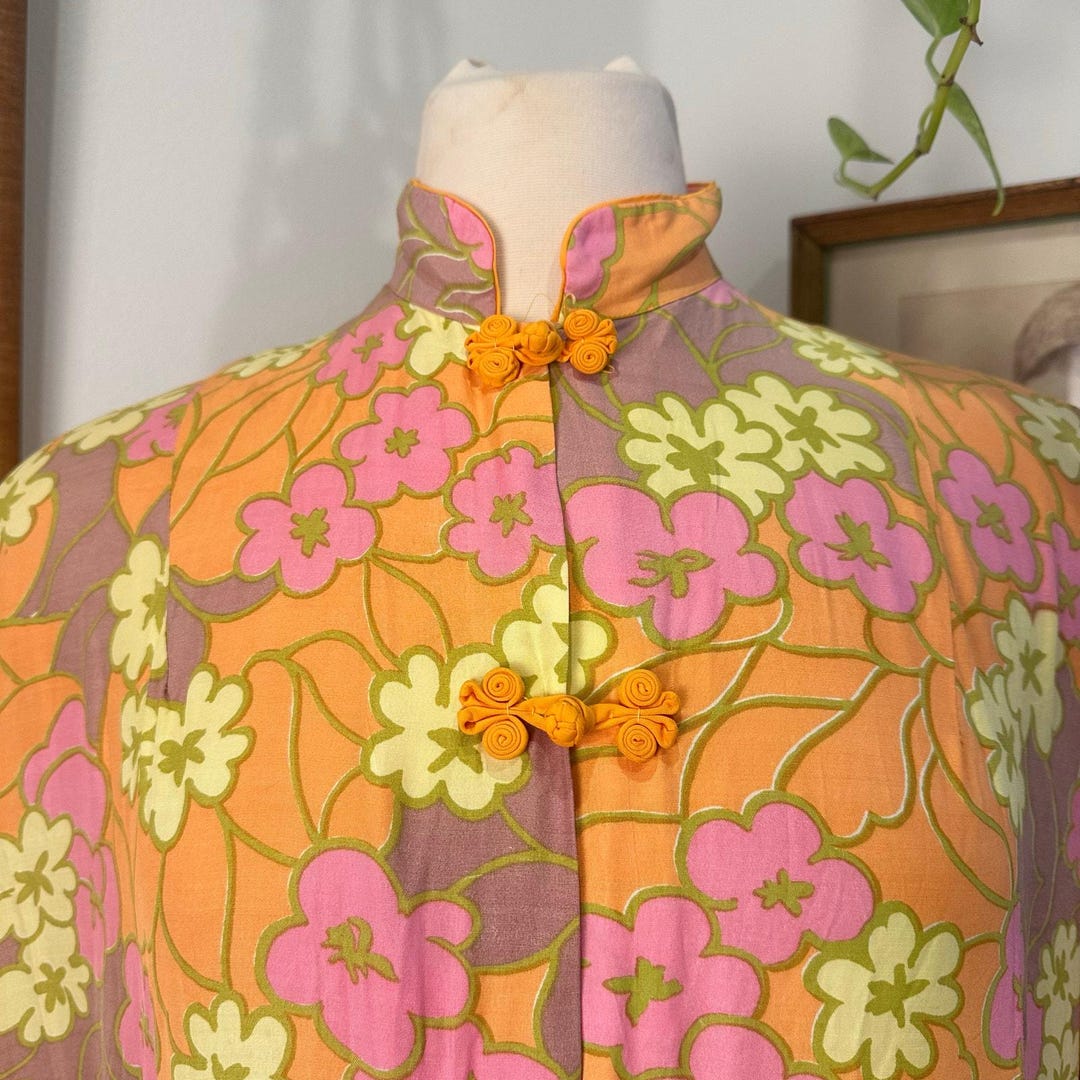 Vintage Floral MANDARIN TUNIC DRESS for Women Bohemian Retro Style With ...