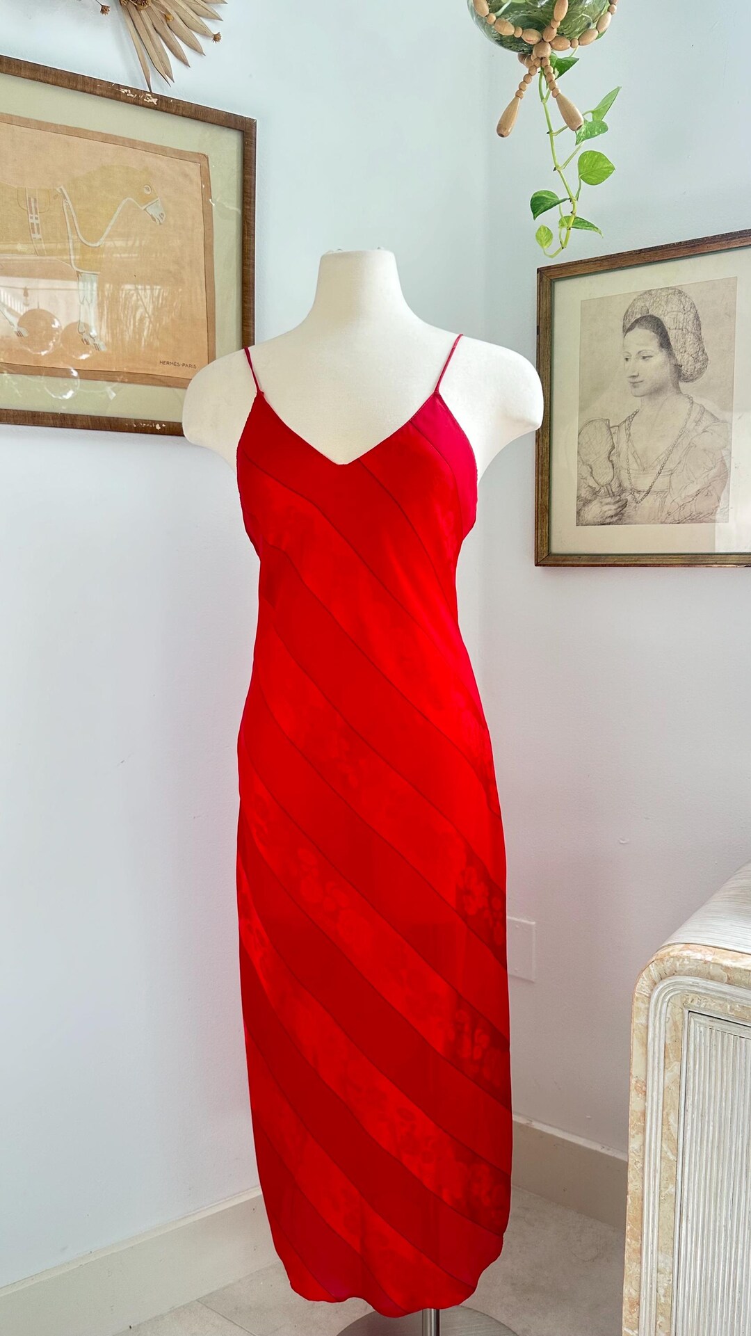 Vintage Red Nightgown With Floral Pattern Sheer Romantic Sleepwear ...