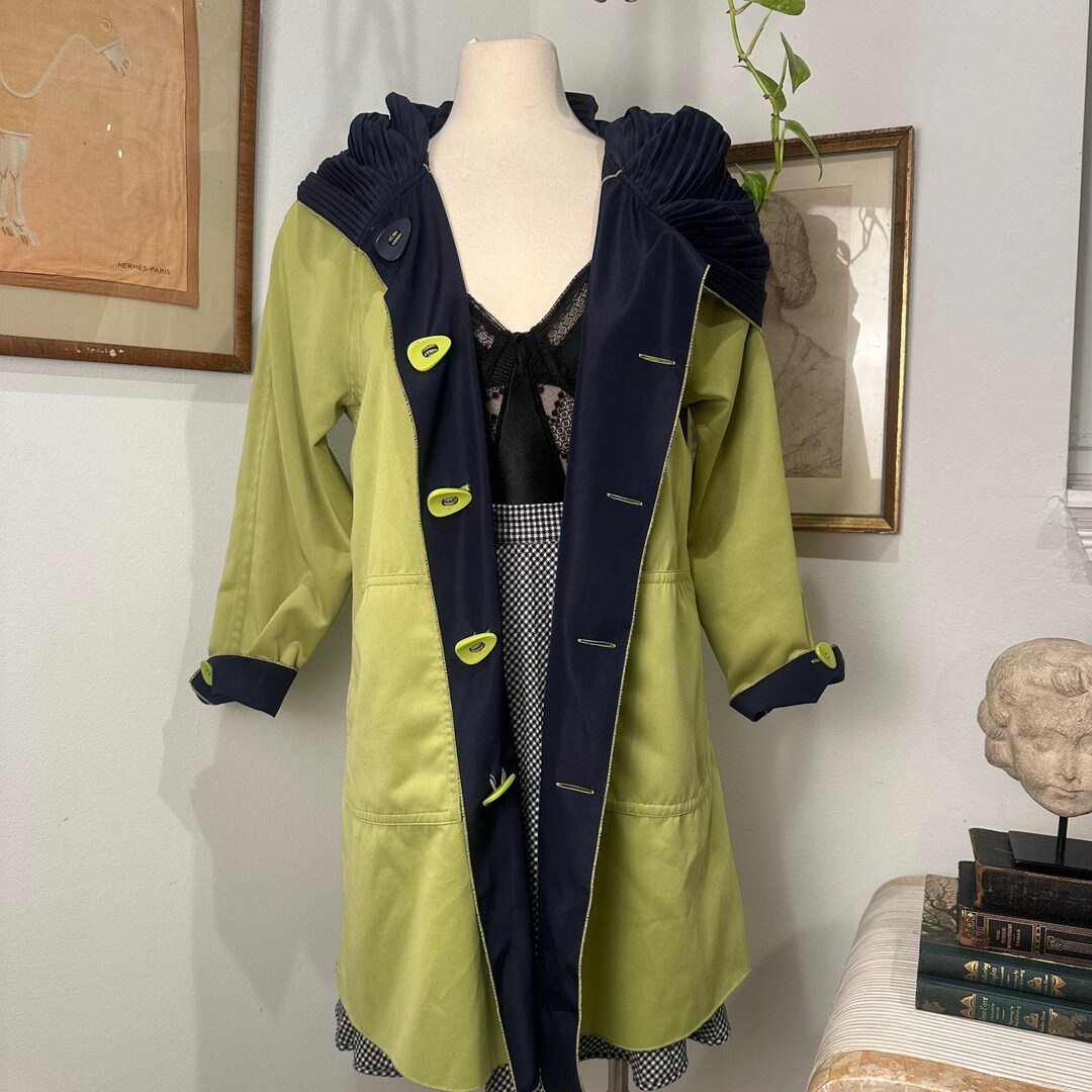 Vintage Reversible Hooded Raincoat: Navy and Green Parisian Style Size ...